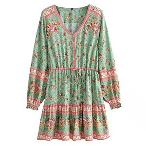 Dresses | Boho Mint Floral V Neck Button Up Ruffle Dress | Poshmark